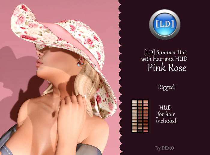 Second Life Marketplace - [LD] Summer Hat with Hair and HUD - Pink Rose